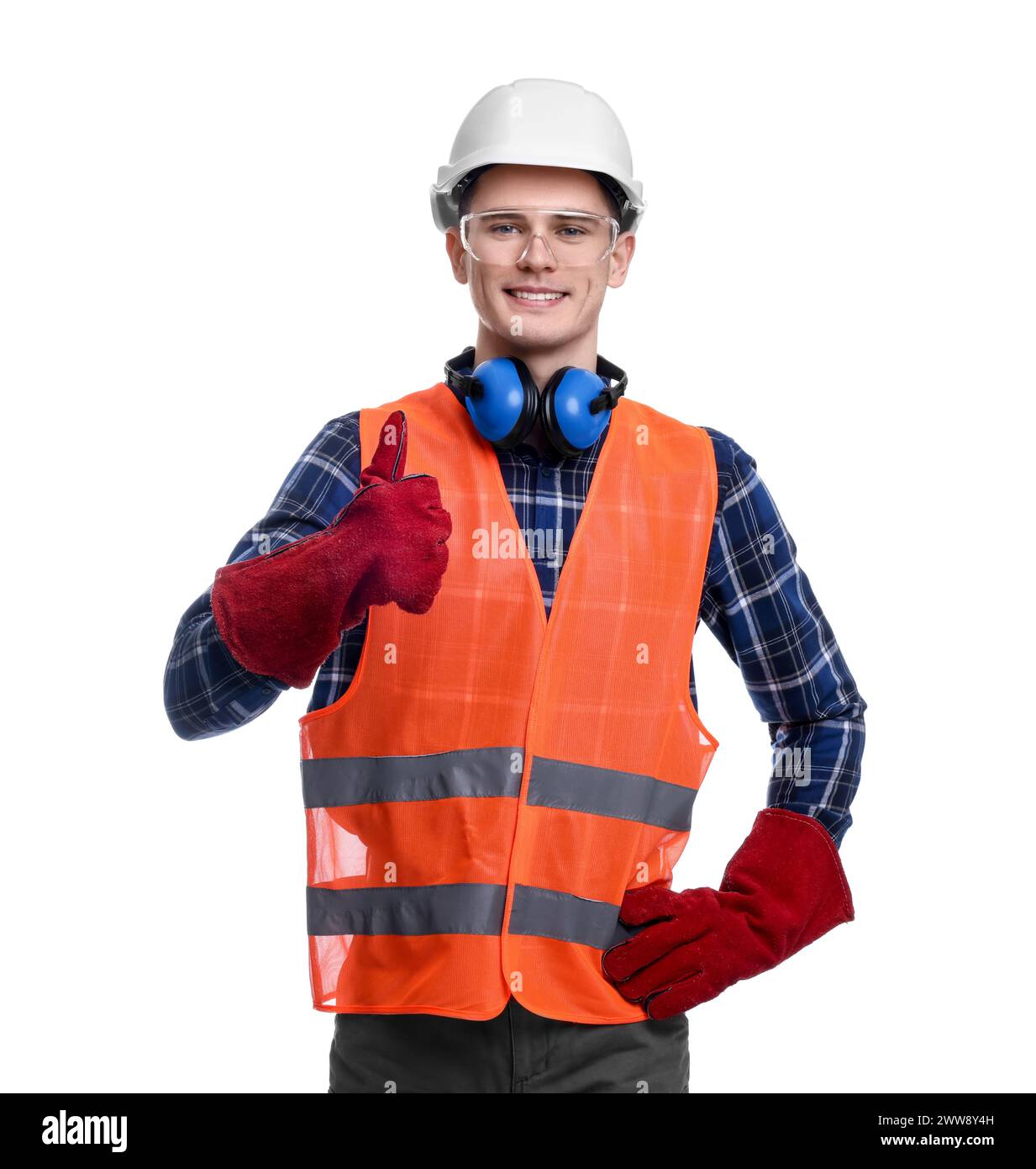 Young man wearing safety equipment and showing thumbs up on white ...
