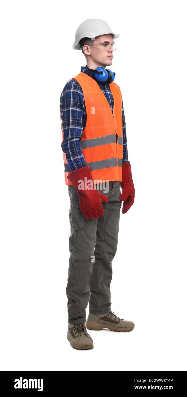 Young man wearing safety equipment on white background Stock Photo - Alamy