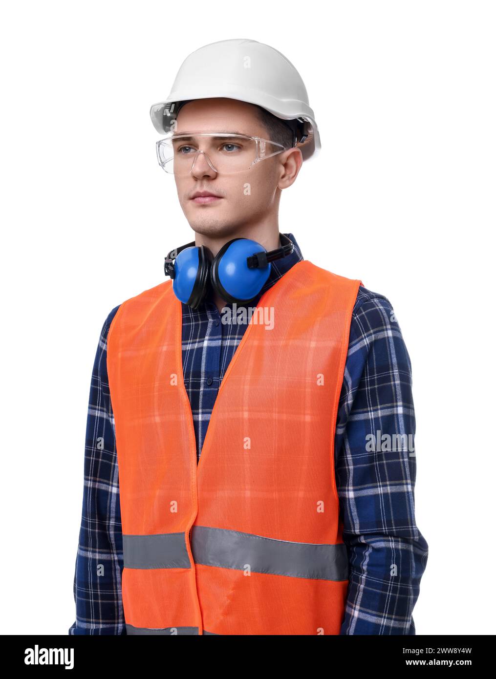 Young man wearing safety equipment on white background Stock Photo - Alamy