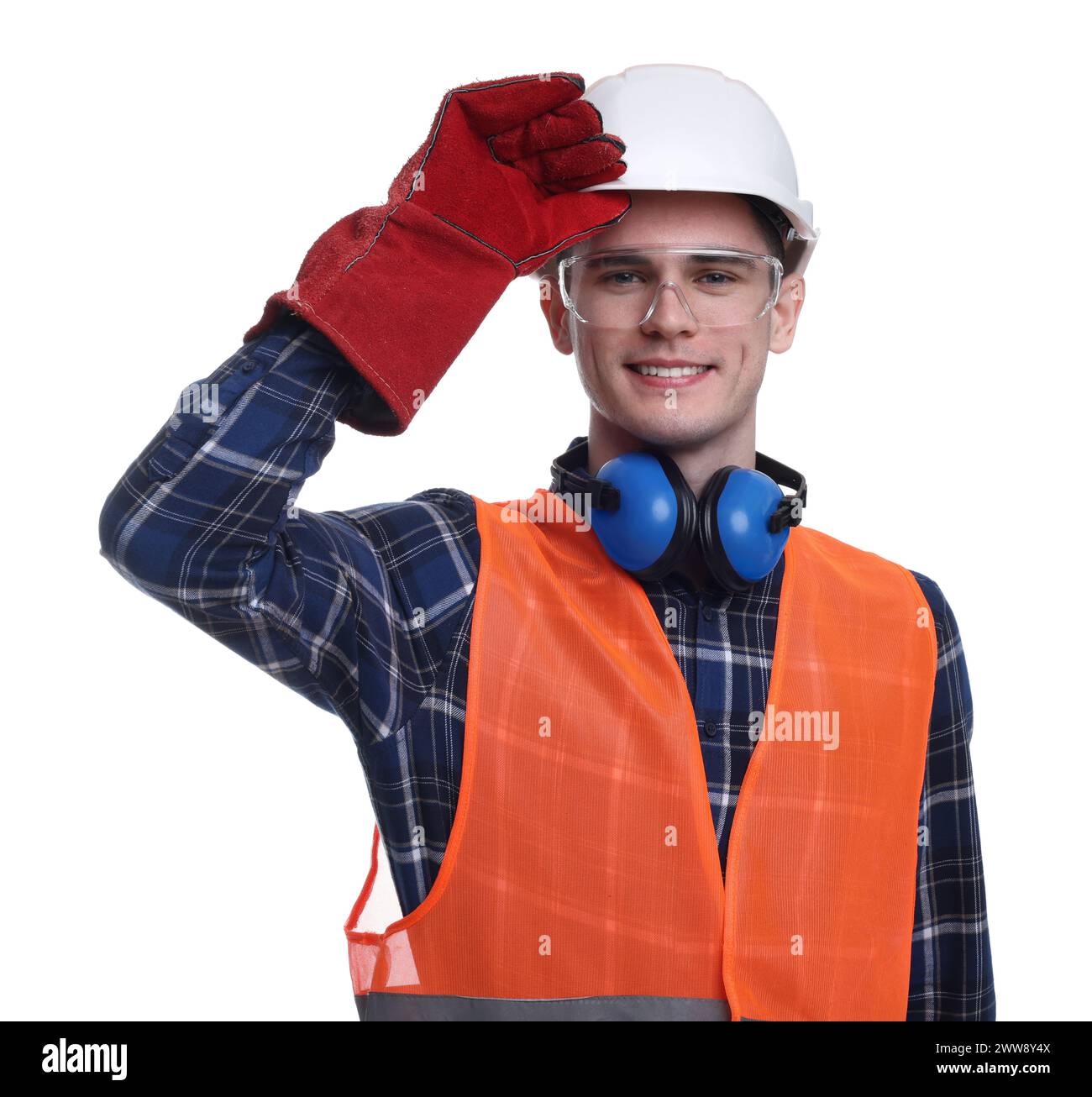 Young man wearing safety equipment on white background Stock Photo - Alamy