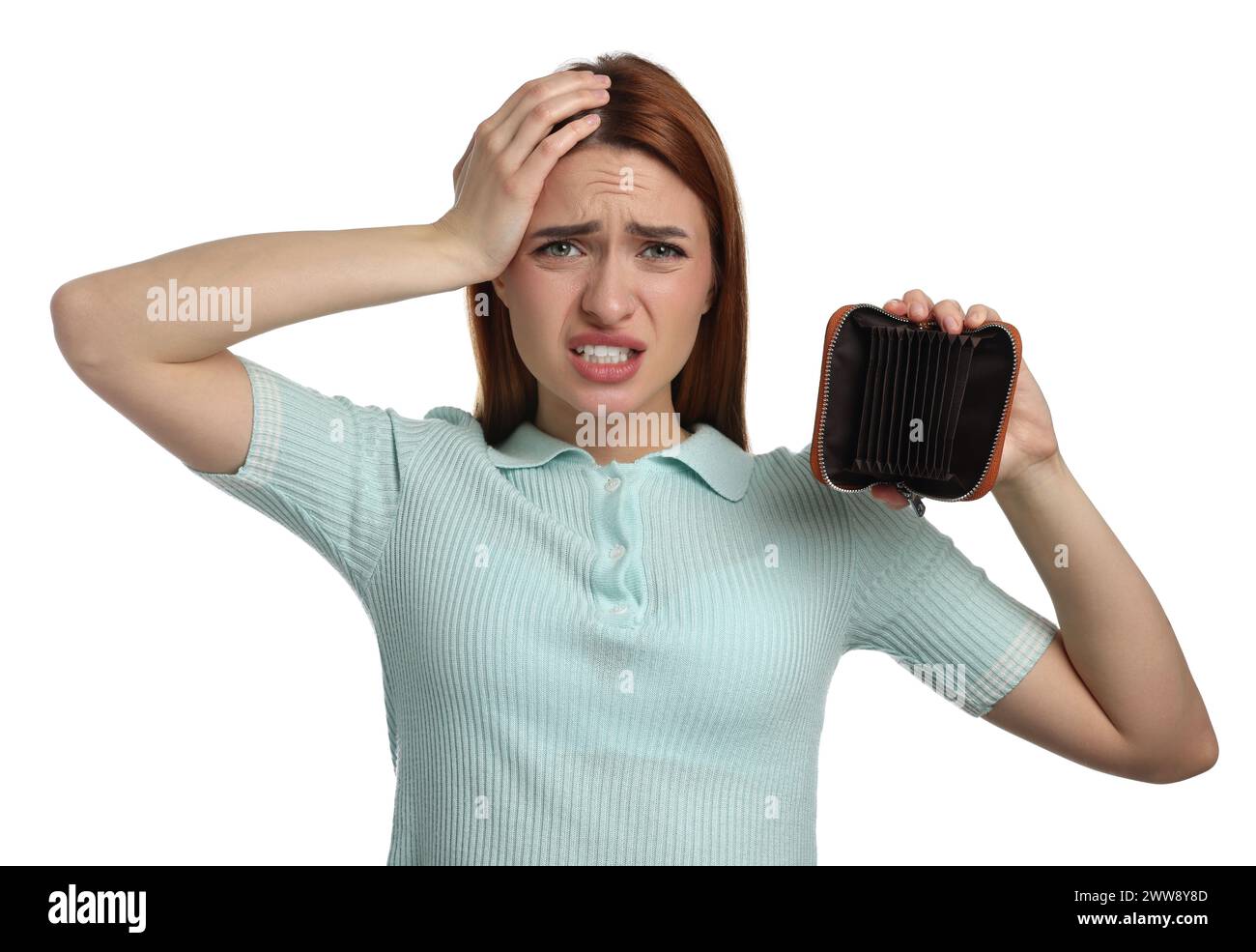 Upset woman with empty wallet on white background Stock Photo - Alamy