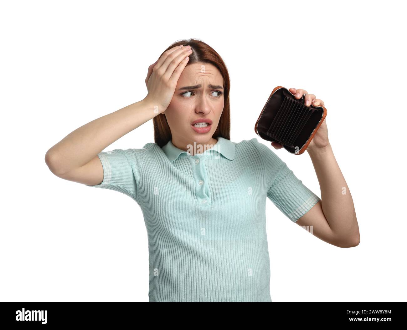 Confused woman with empty wallet on white background Stock Photo - Alamy