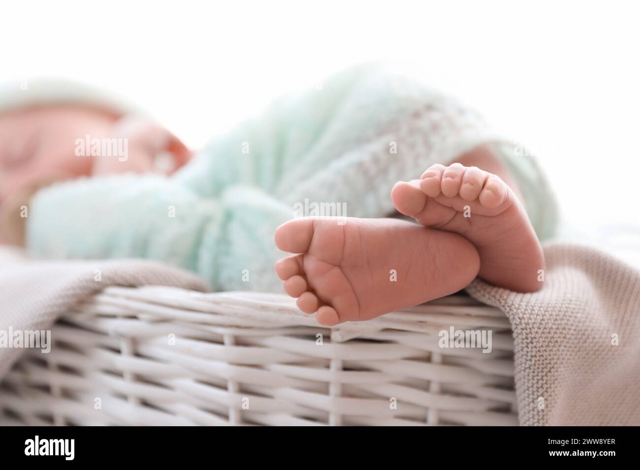 Newborn baby lying on plaid in basket, closeup of legs. Space for text ...