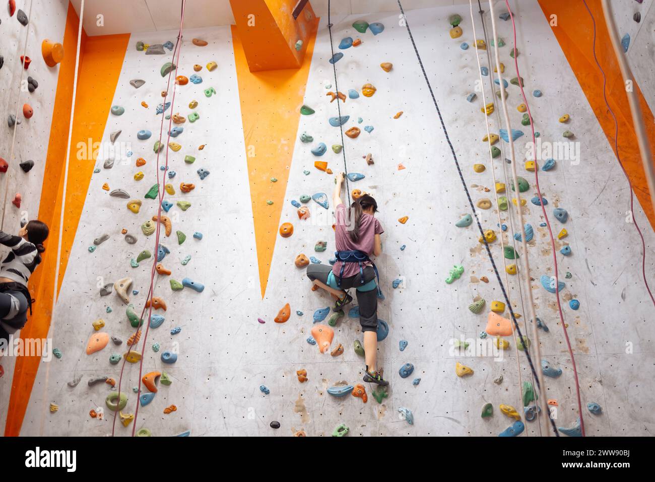 Two multiracial women doing rock climbing in the gym. Caucasian and ...