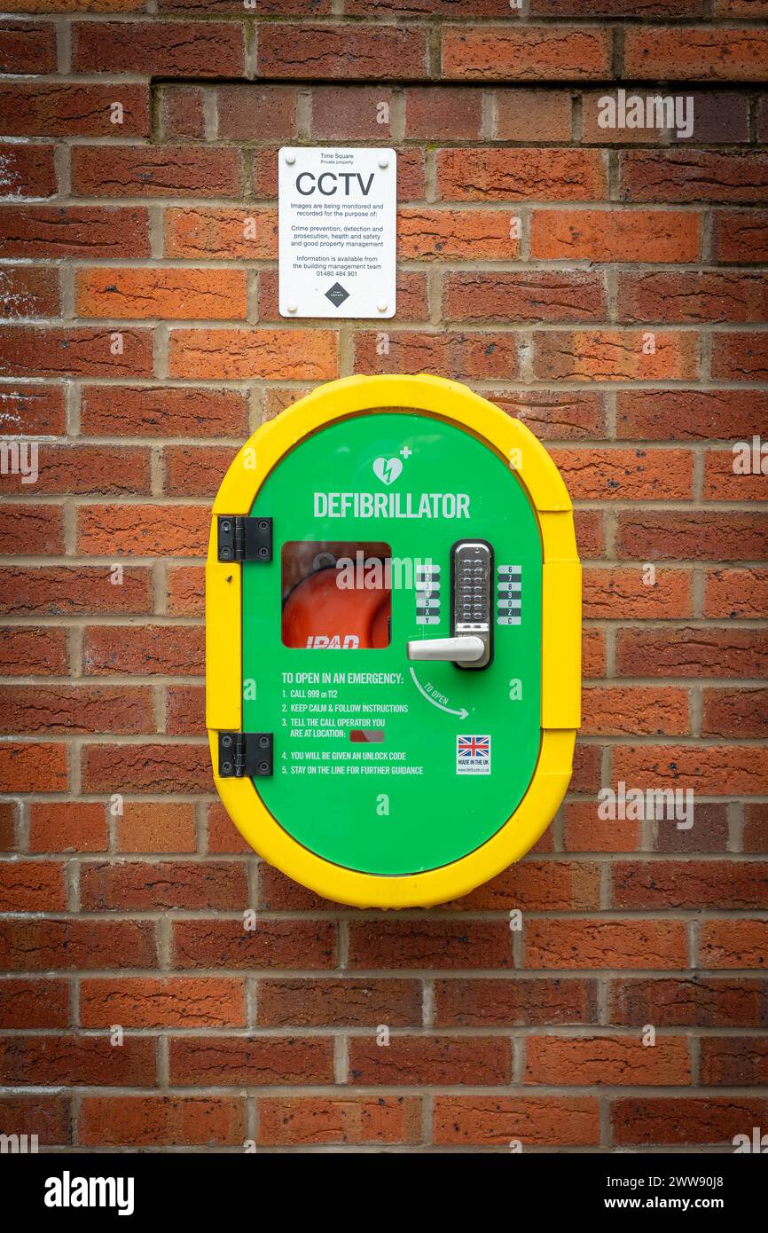 Automated External Defibrillator (AED) mounted in a locked container ...