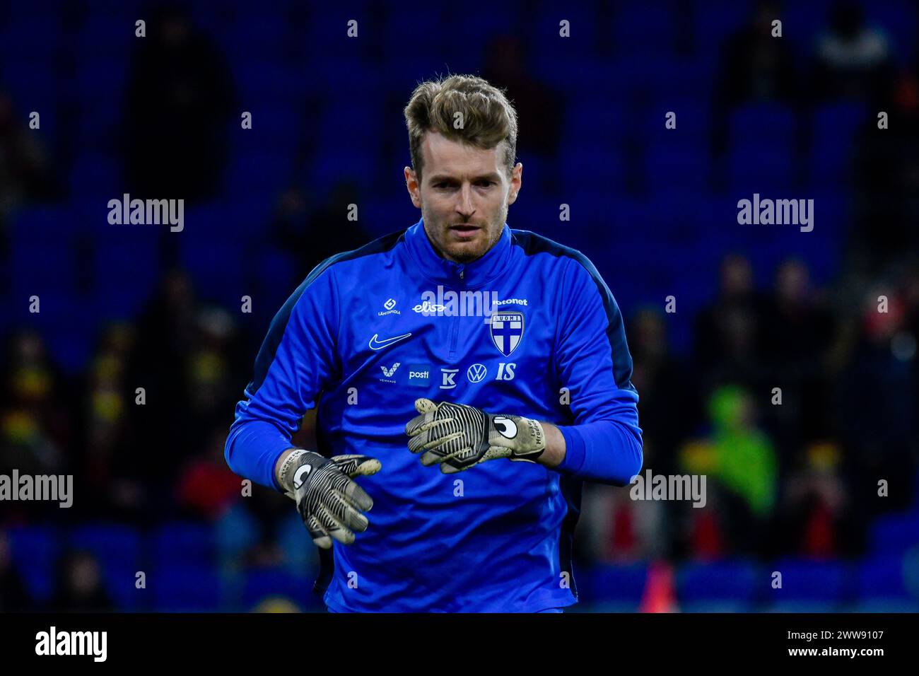 Cardiff, Wales. 21 March 2024. Goalkeeper Lukas Hradecky of Finland ...