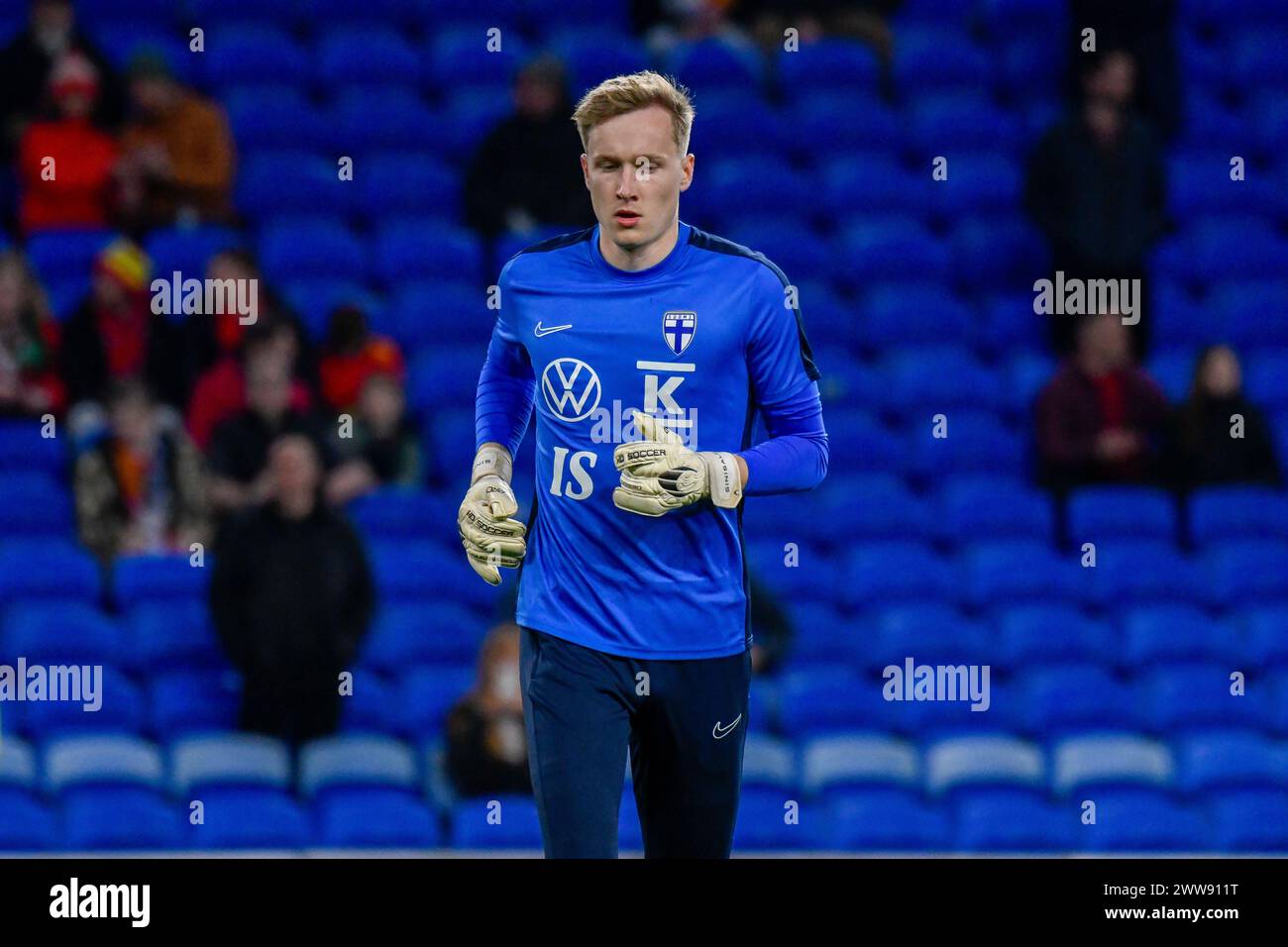 Cardiff, Wales. 21 March 2024. Goalkeeper Viljami Sinisalo of Finland ...