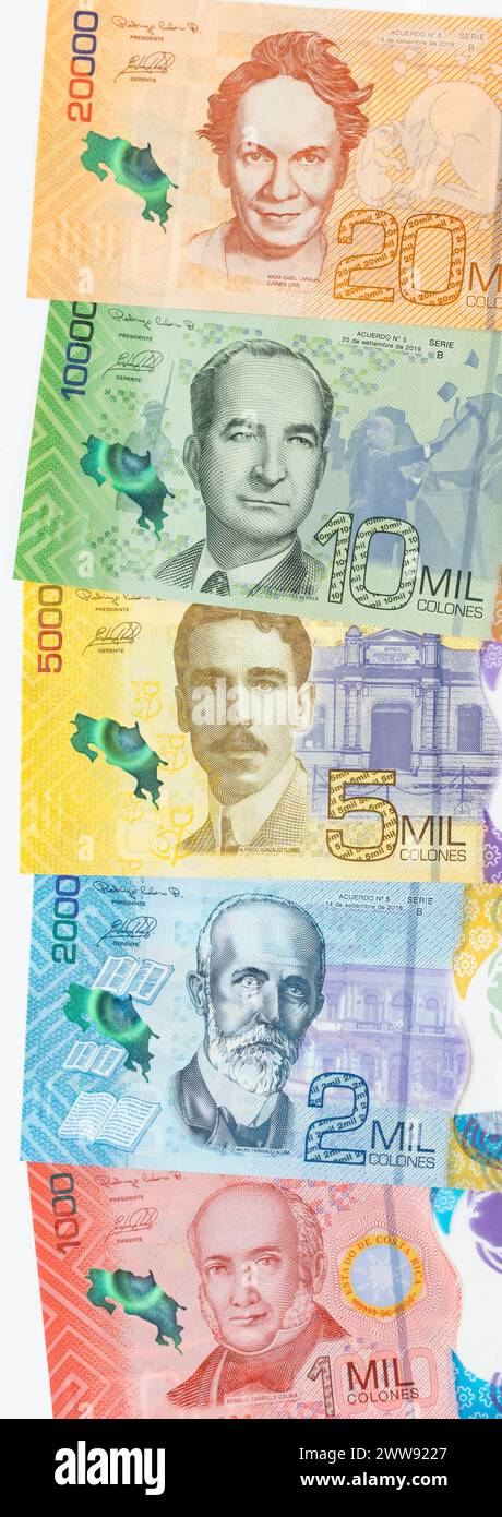 costa rica money, new costa rican banknotes, vertical panorama ...