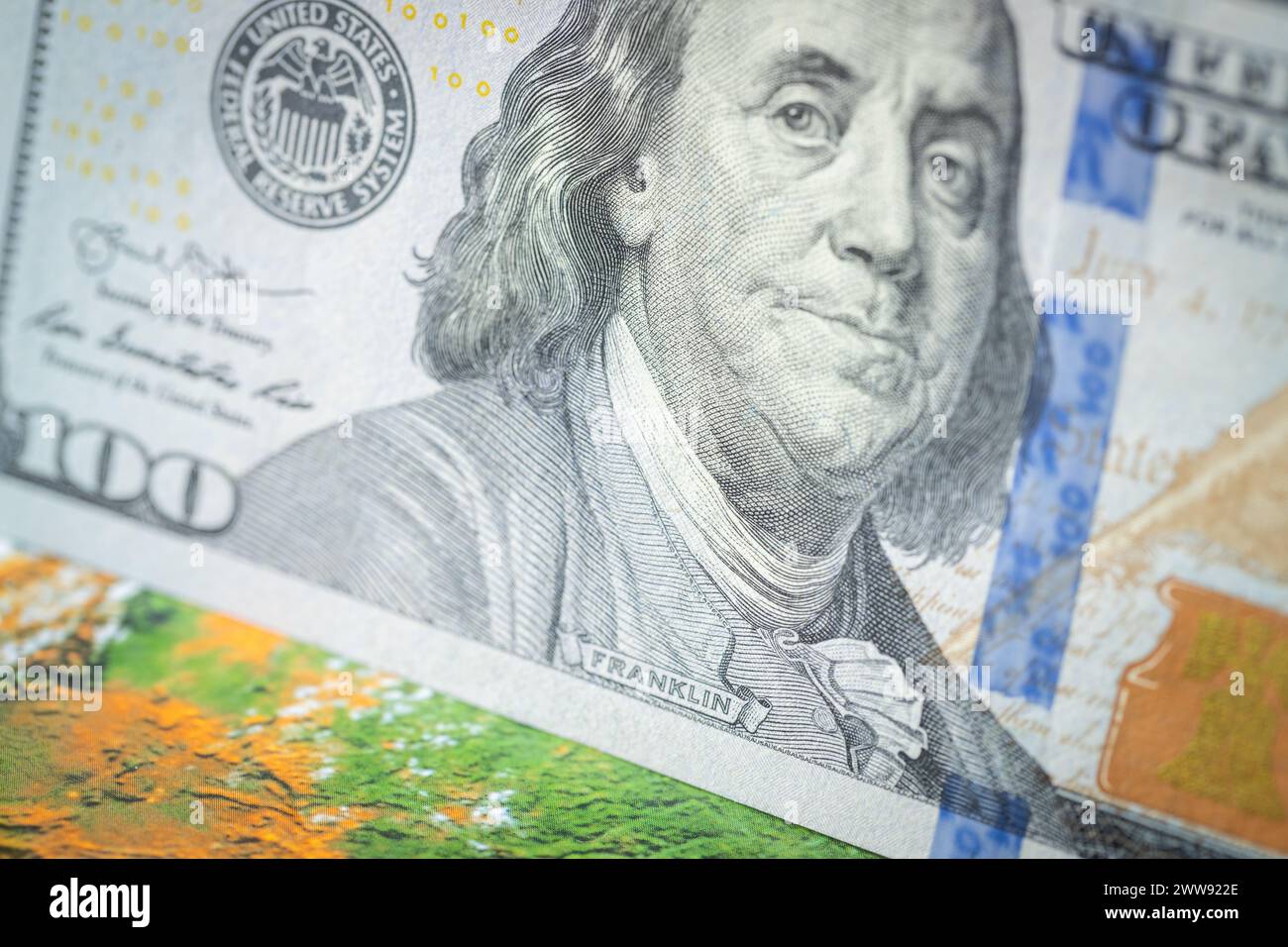 USA money, Financial business banner, American 100 dollars, close up ...