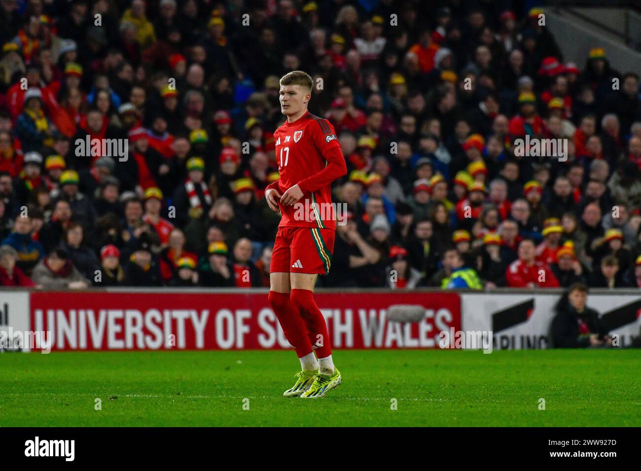 Cardiff, Wales. 21 March 2024. Jordan James of Wales during the UEFA ...