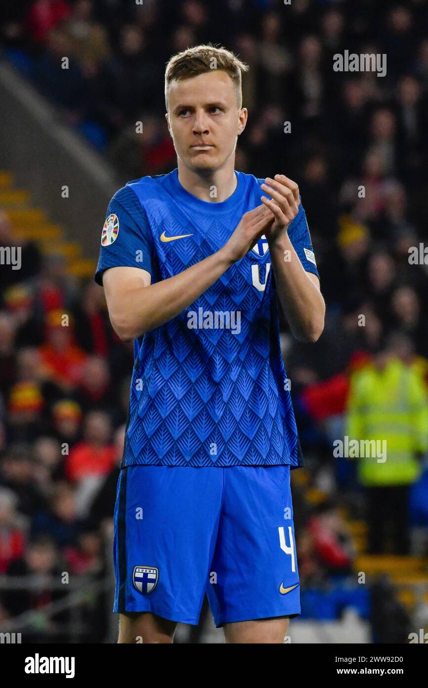 Cardiff, Wales. 21 March 2024. Robert Ivanov of Finland before the UEFA ...