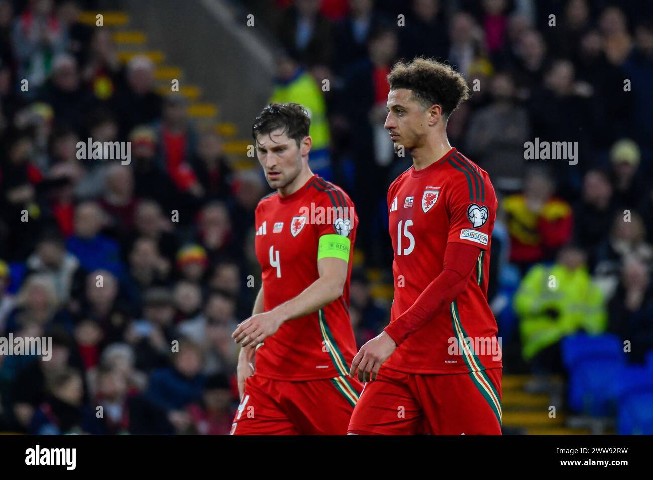 Cardiff, Wales. 21 March 2024. Ben Davies and Ethan Ampadu of Wales ...