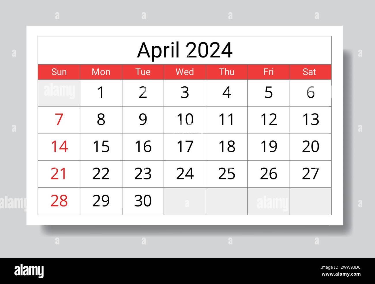 April 2024 ENGLISH month calendar. Vector printable illustration ...