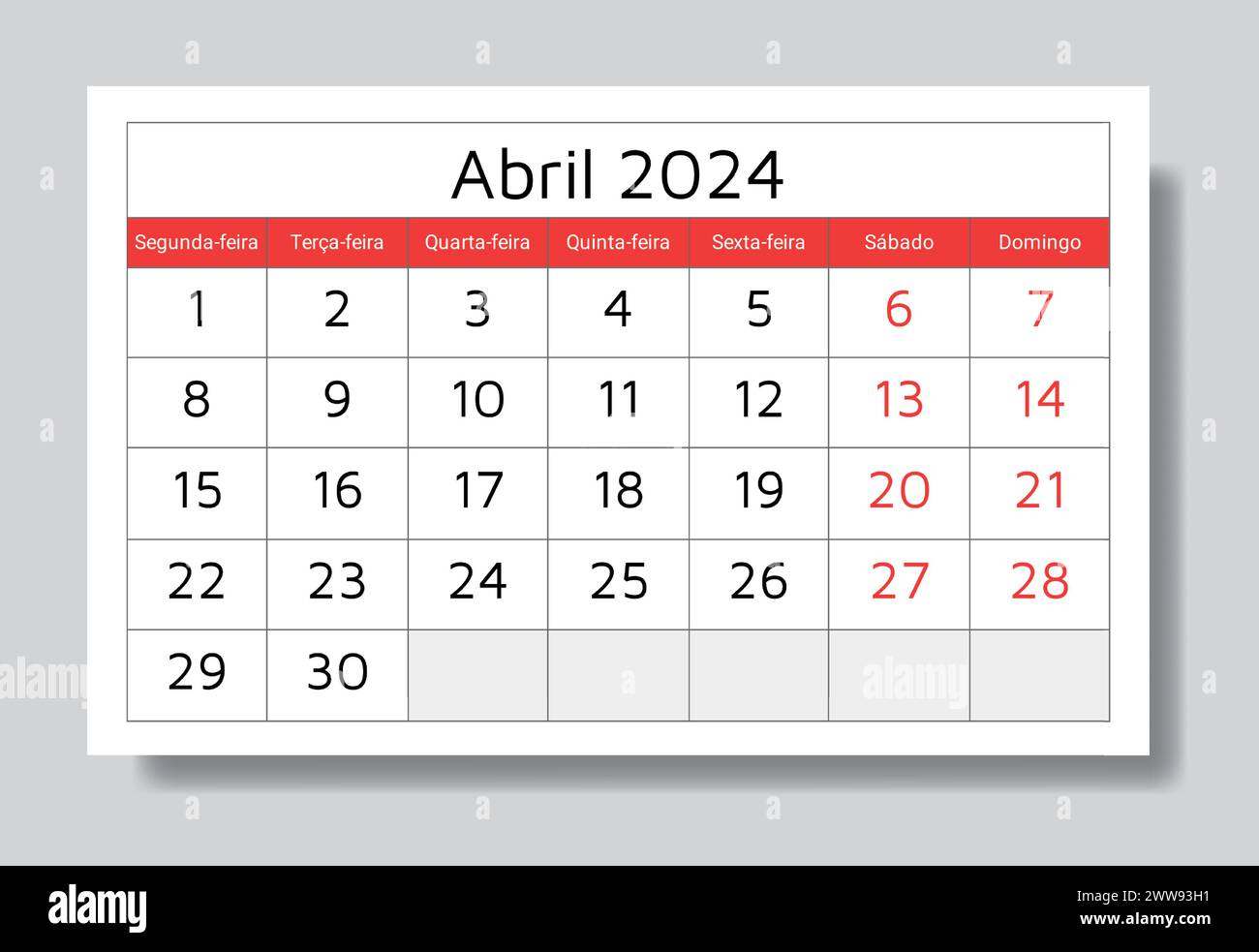 April 2024 portuguese calendar (Abril). Vector illustration. Monthly ...