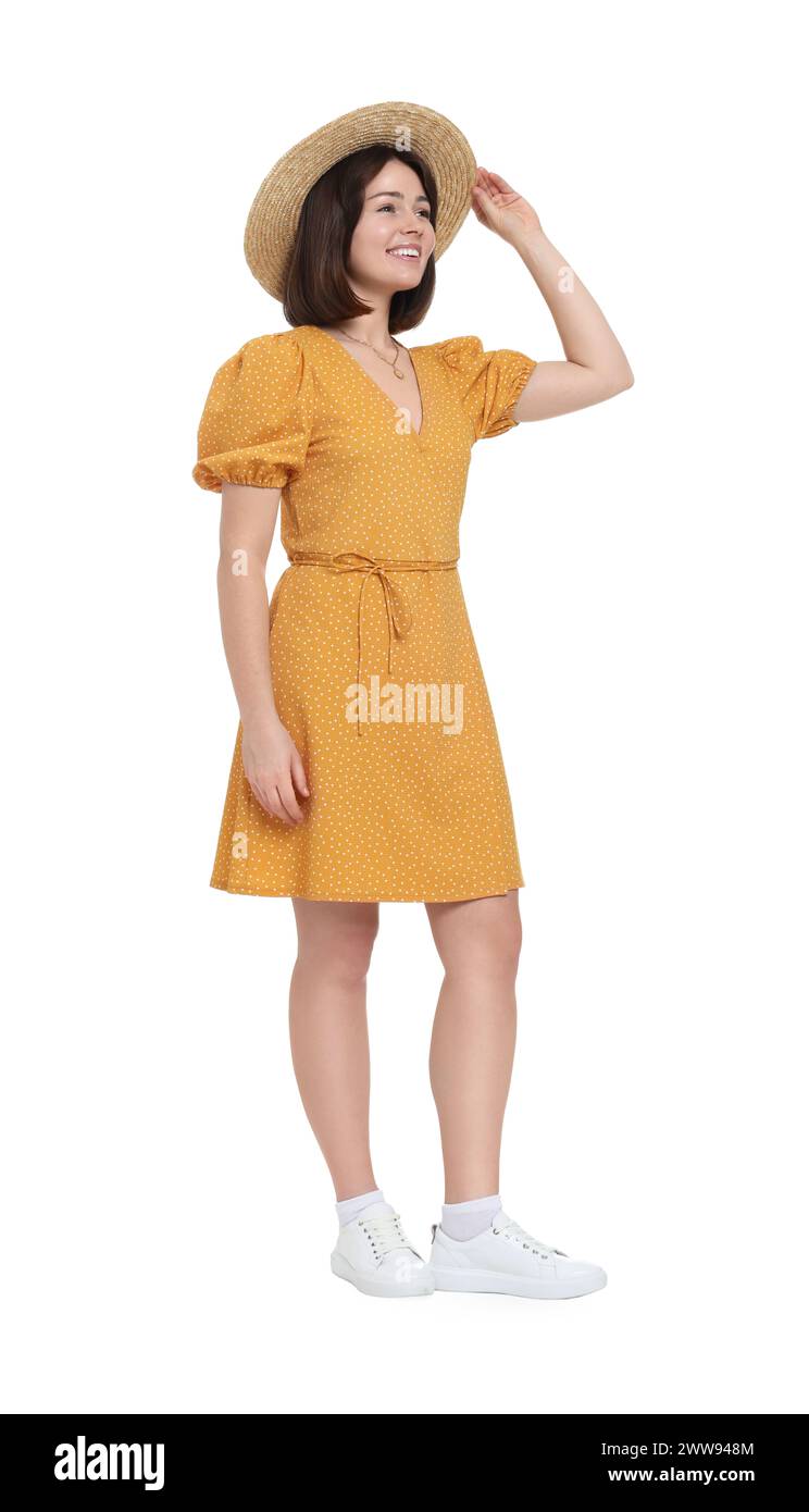 Happy woman in straw hat on white background Stock Photo - Alamy