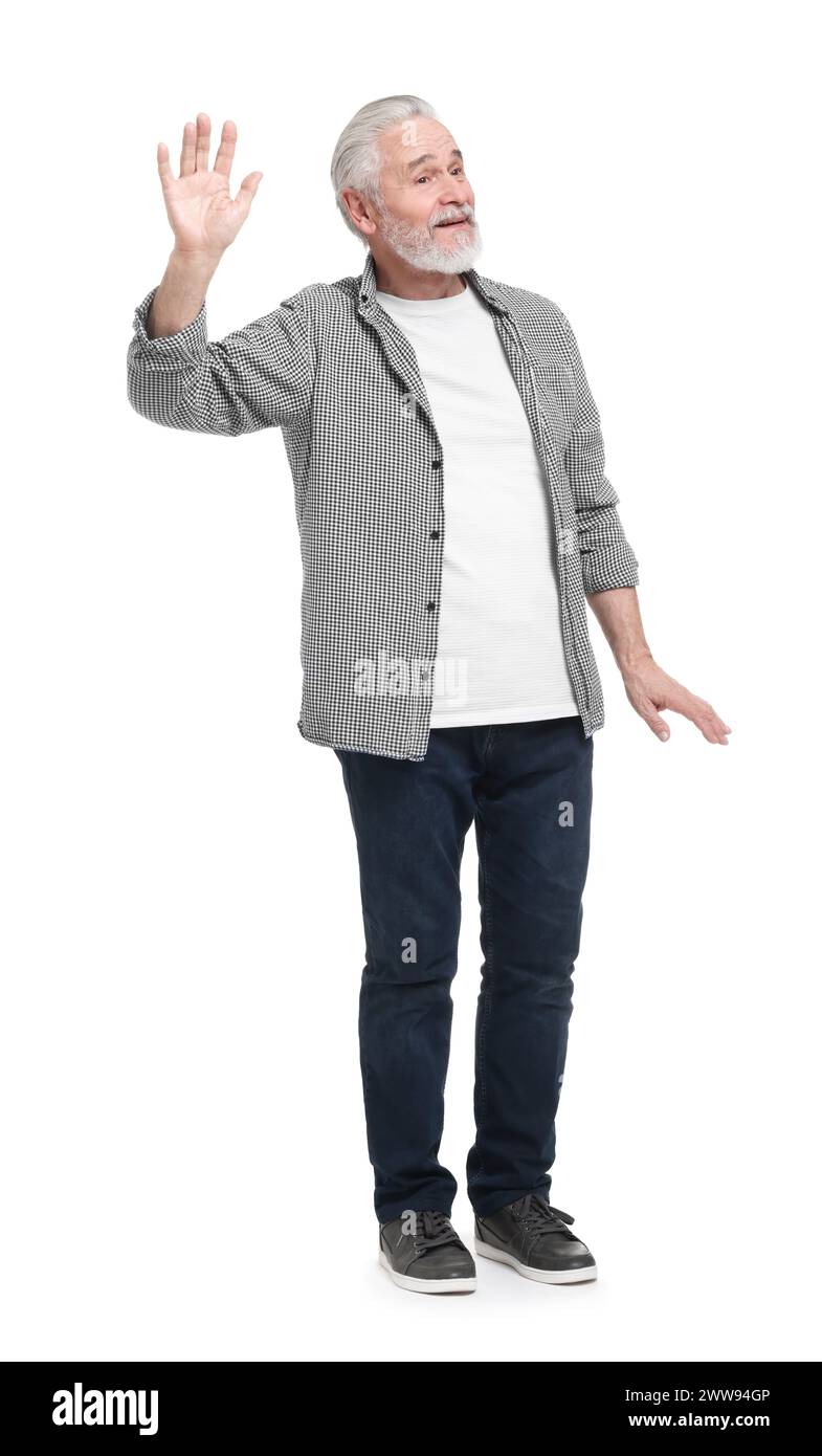 Senior man waving hand on white background Stock Photo - Alamy