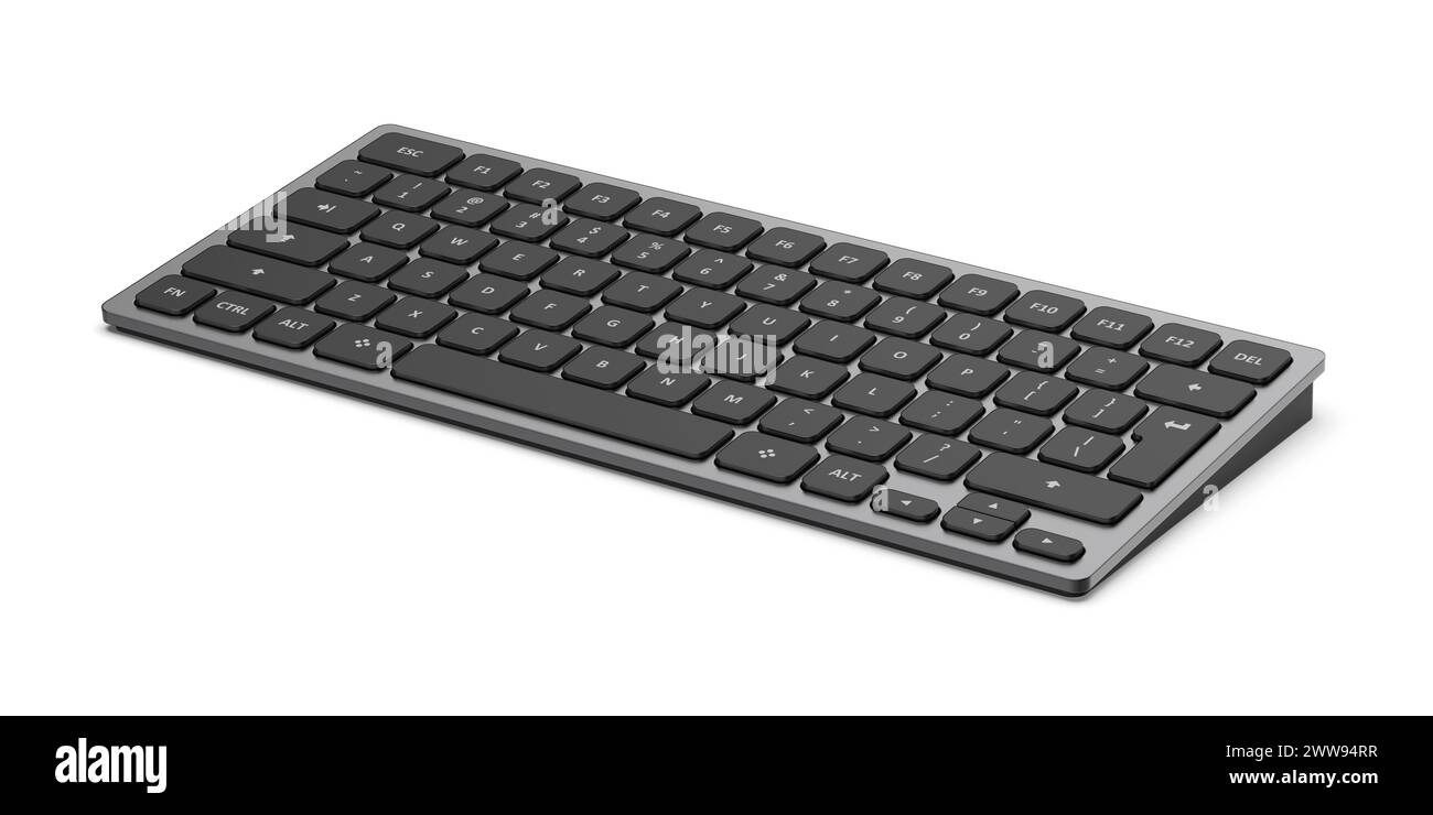 Wireless aluminum keyboard with black buttons on white background Stock ...