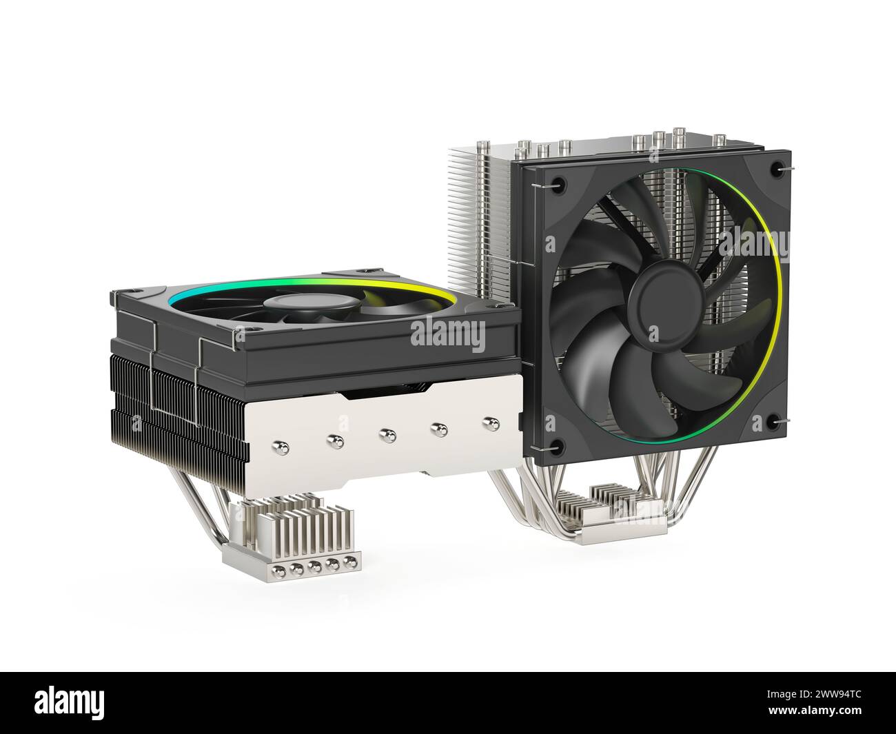 Low profile and tower type computer processor coolers on white ...