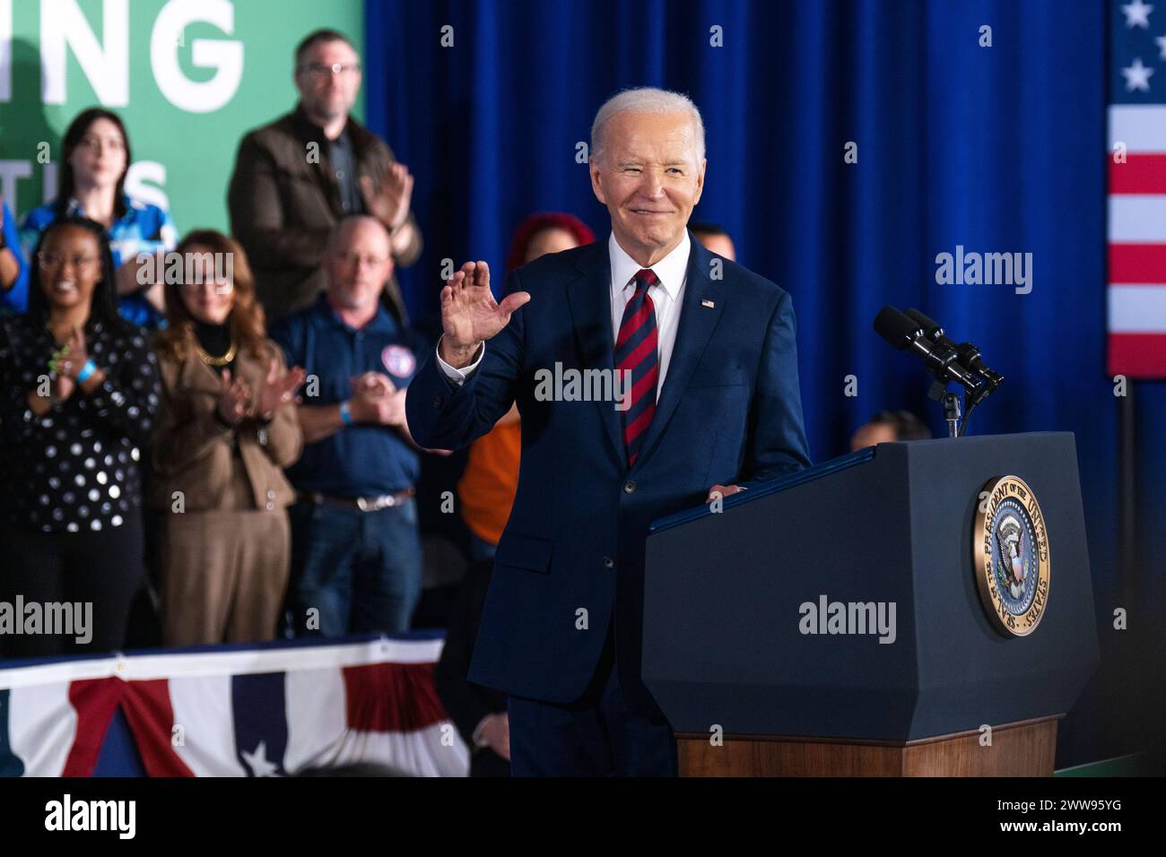 President Joe Biden waves to the crowd during an event in Milwaukee ...