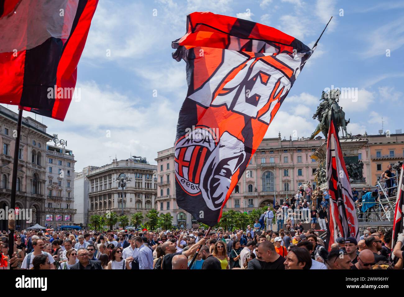 Milan, Italy 2024: Fans in support of F.C. Milan flag with the Milan ...