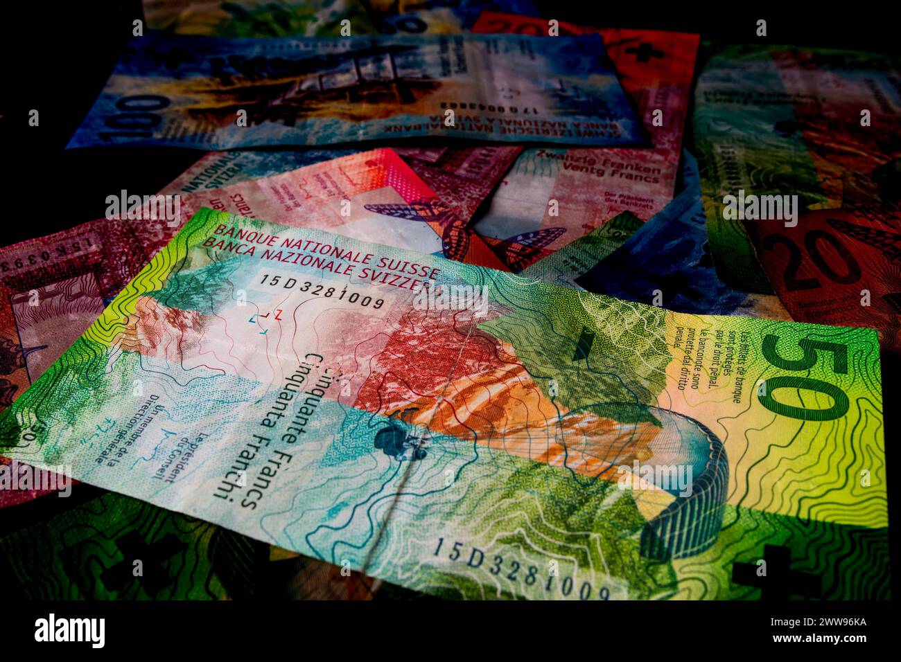 CHF money banknotes, detail photo of swiss franc. Swiss Franc currency ...