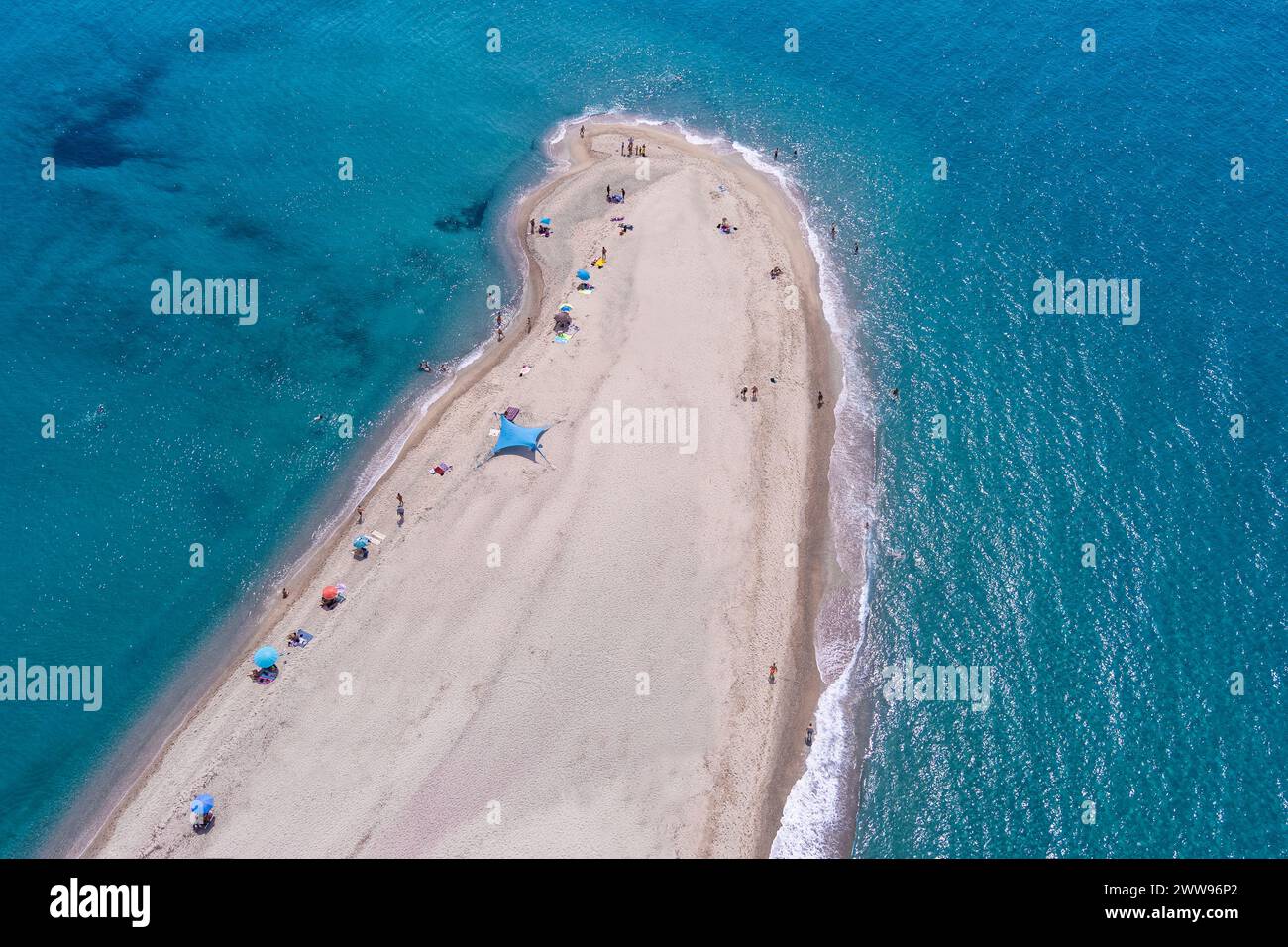 Aerial view of exotic sandy peninsula and sandy beach of Posidi with ...