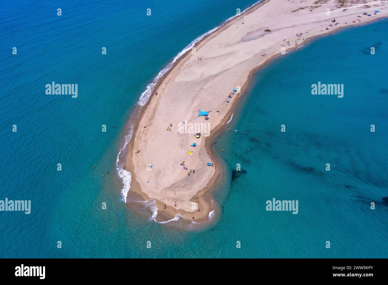 Aerial view of exotic sandy peninsula and sandy beach of Posidi with ...