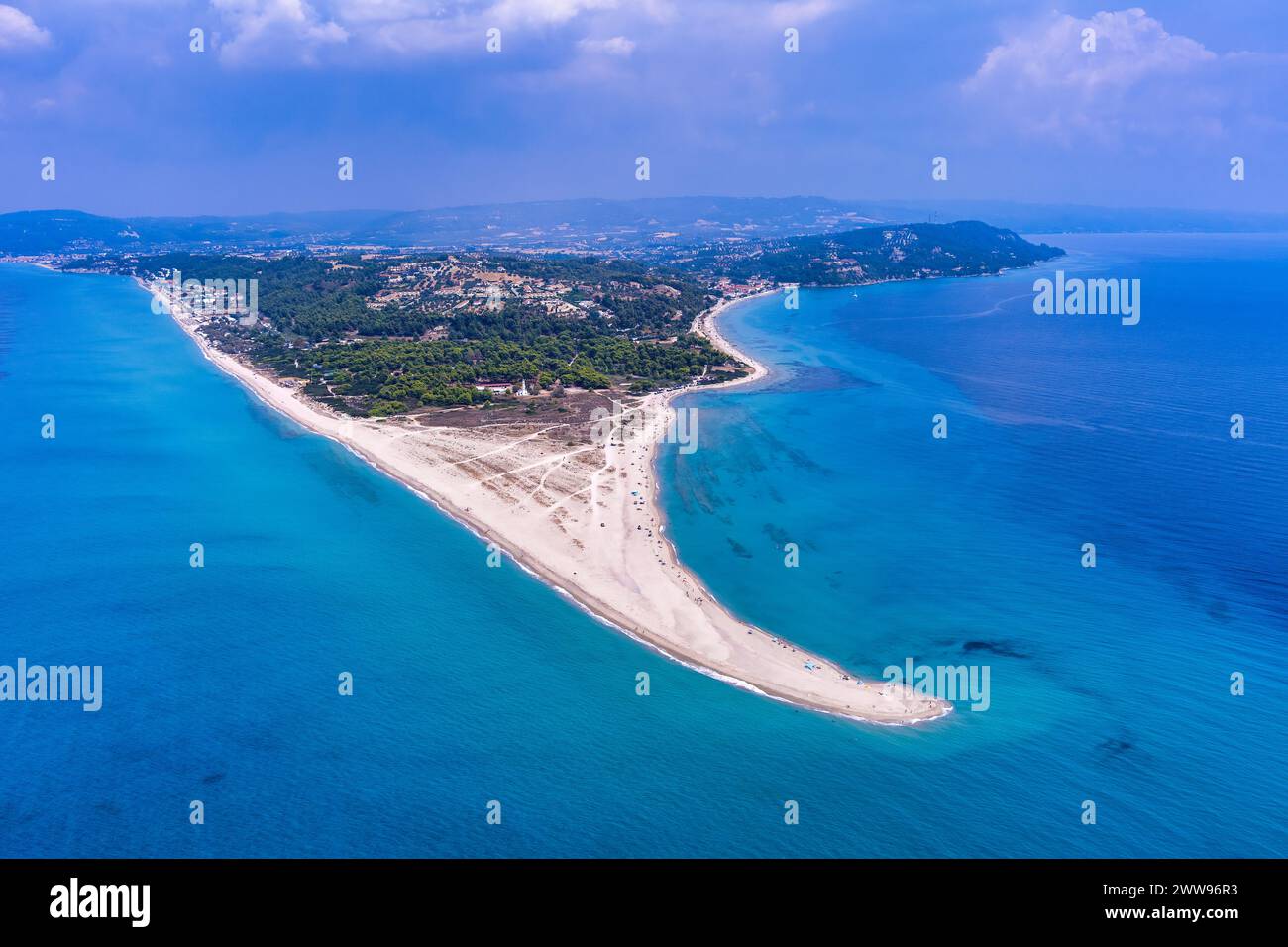 Aerial view of exotic sandy peninsula and sandy beach of Posidi with ...