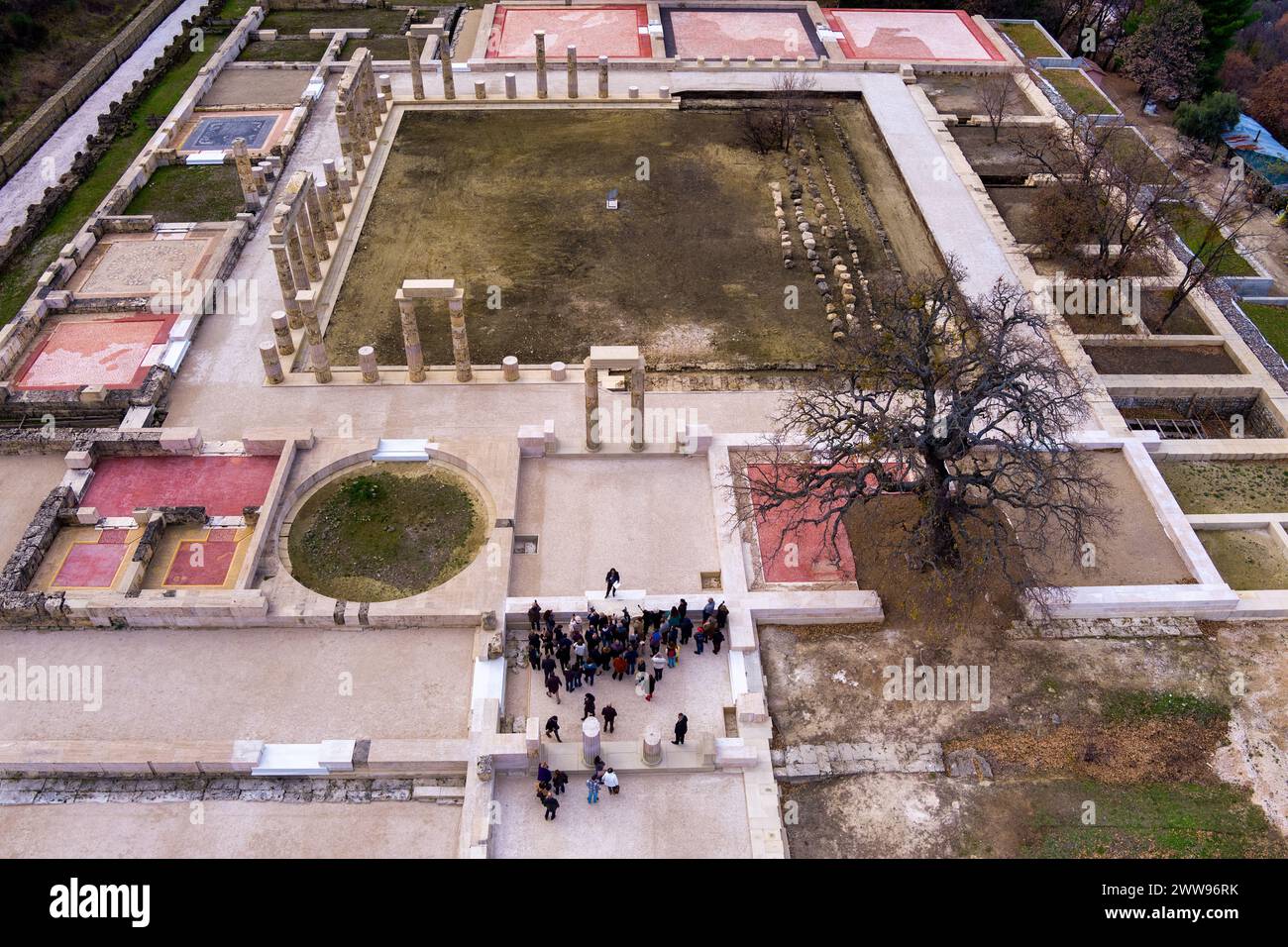 Vergina, Greece -January 5, 2024: An aerial view of the Palace of Aigai ...