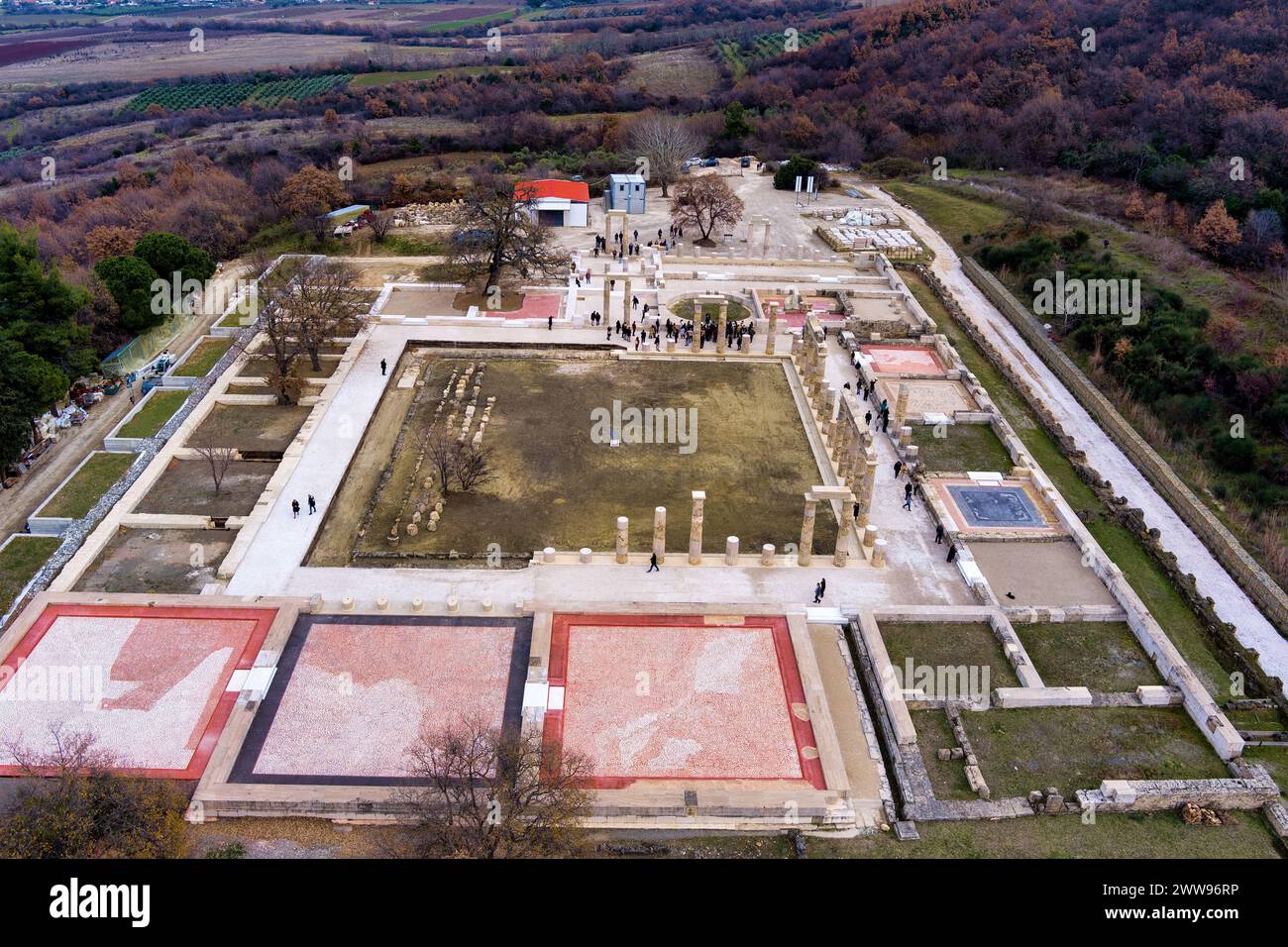 Vergina, Greece -January 5, 2024: An aerial view of the Palace of Aigai ...