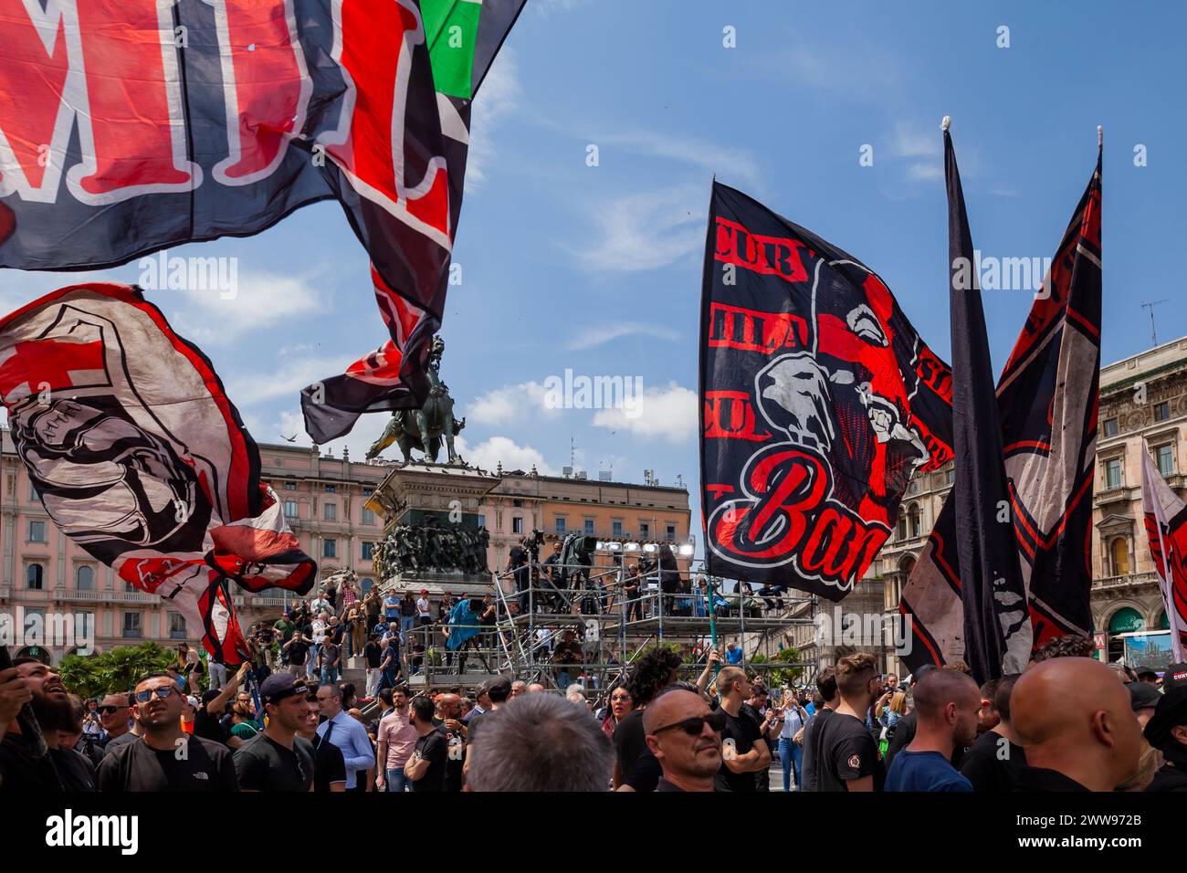 Milan, Italy 2024: Fans in support of F.C. Milan flag with the Milan ...
