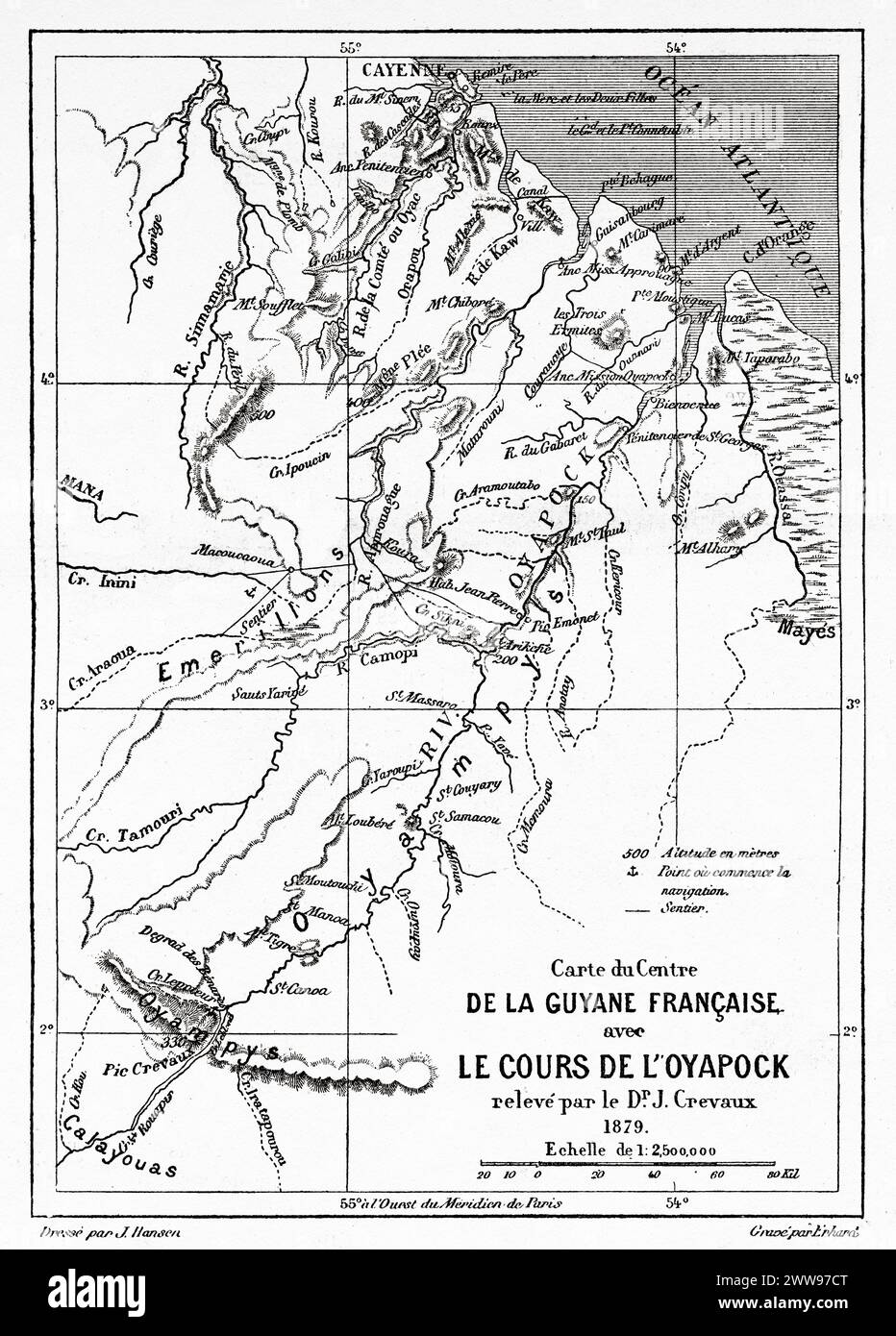 Old map of the French Guiana and the course of the Yaru river, French ...