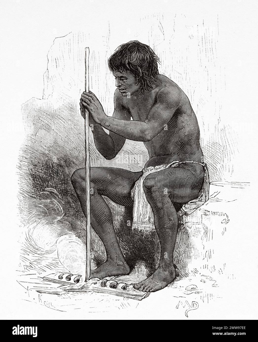 Indigenous Indian making fire with wood in the jungle, French Guiana ...