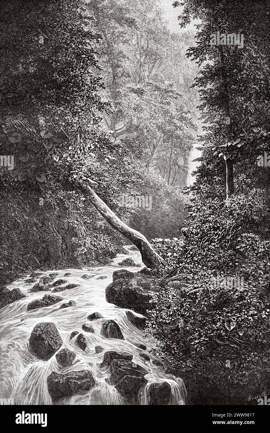 Timboeloen Waterfalls, Sumatra Island. Indonesia. Drawing by Alexandre ...