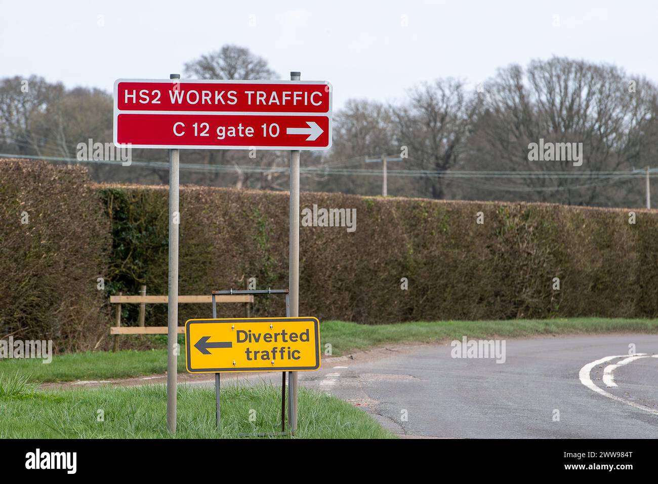 A roadside sign for HS2 traffic in South Heath. HS2 are building an ...
