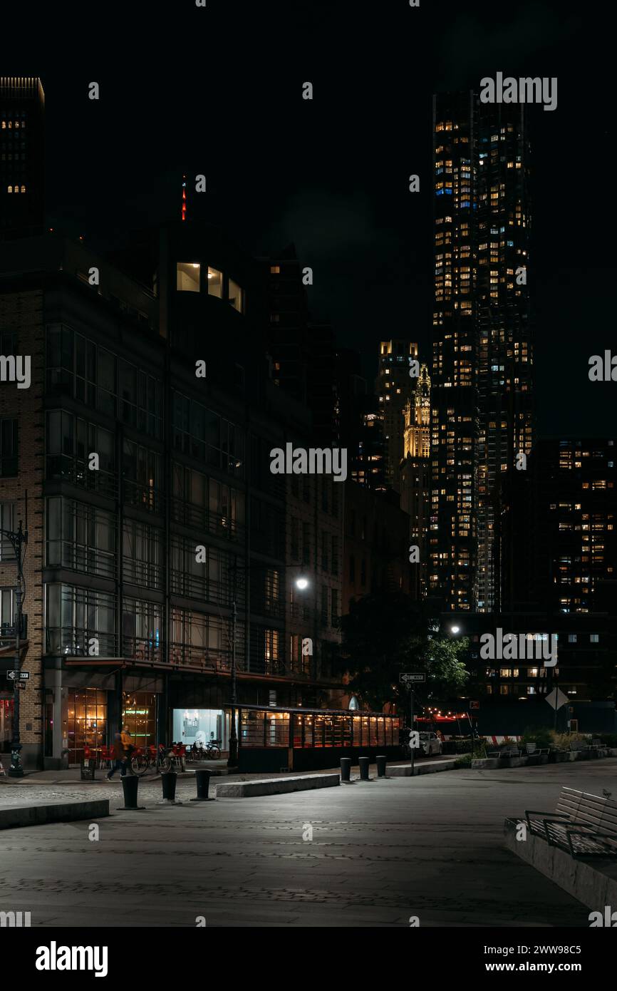 New York City Nightscape with Glowing Skyscrapers and Empty Streets ...