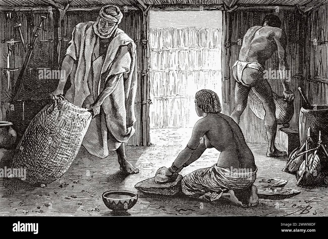 Interior of a traditional hut, Tibesti Region, Chad, Africa. Drawing by ...