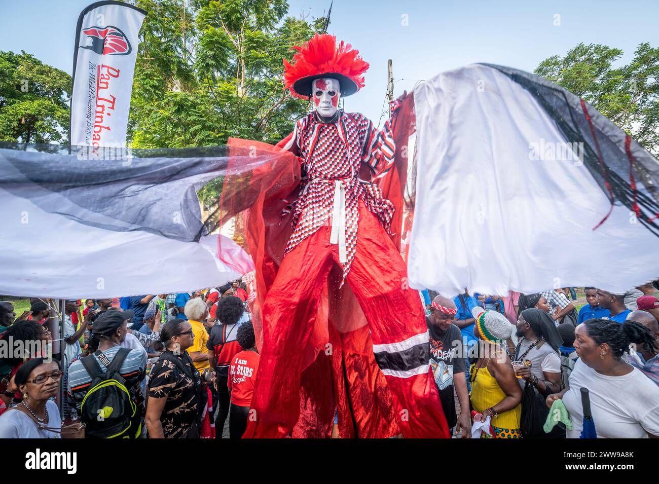 World Steel Pan Day celebration Moko Jumbie parade Stock Photo - Alamy