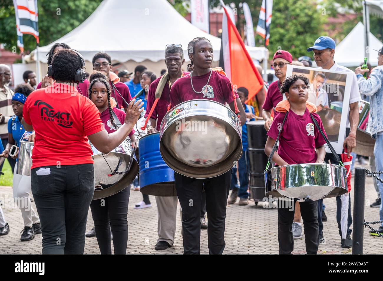 People celebrating World Steel Pan Day Parade in Trinidad and Tobago ...