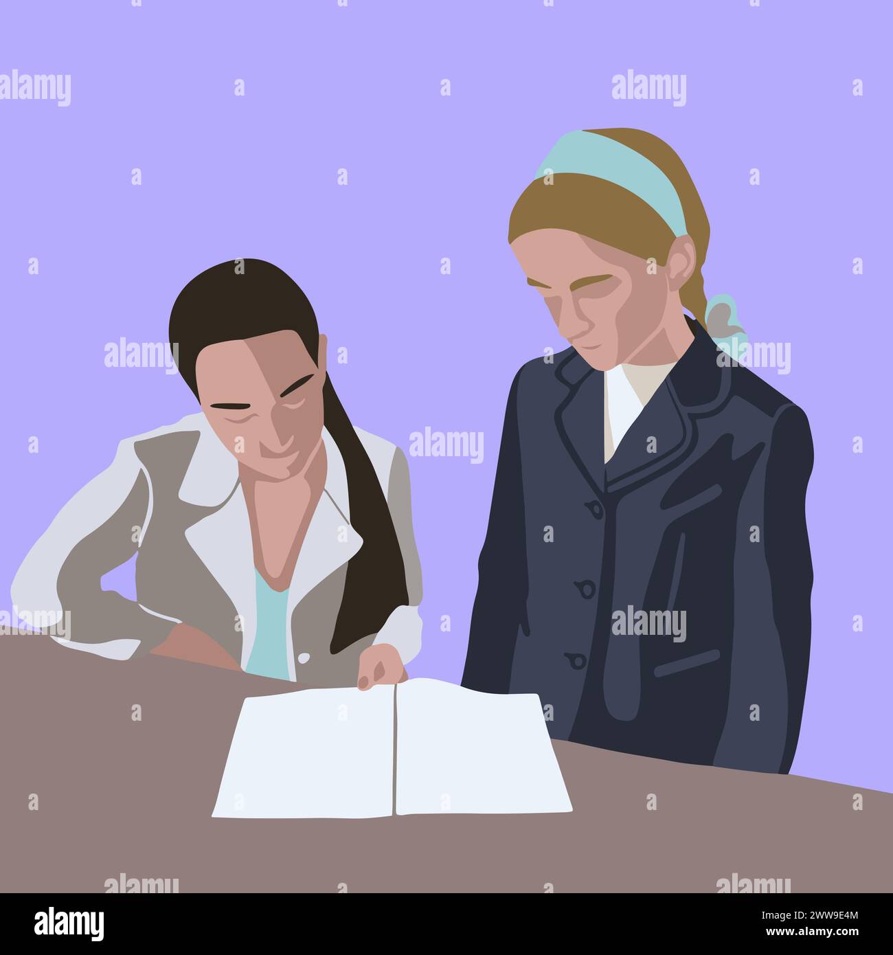 Vector illustration of a teacher and a student. The teacher checks the ...