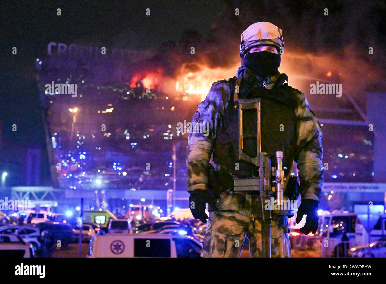 A Russian Rosguardia (National Guard) servicemen secures an area as a ...