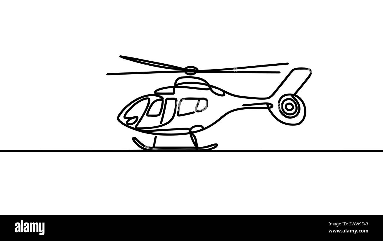 Continuous line helicopter in flight. Drawing black thin line on white ...