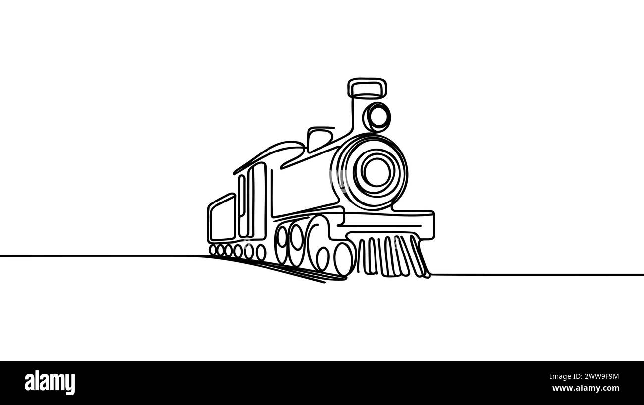 Single one line drawing of an old train locomotive. One line draw ...