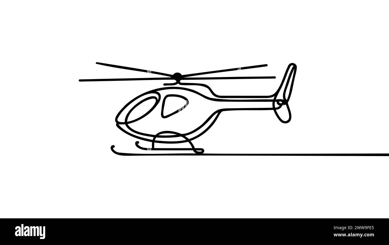 Continuous line helicopter in flight. Drawing black thin line on white ...