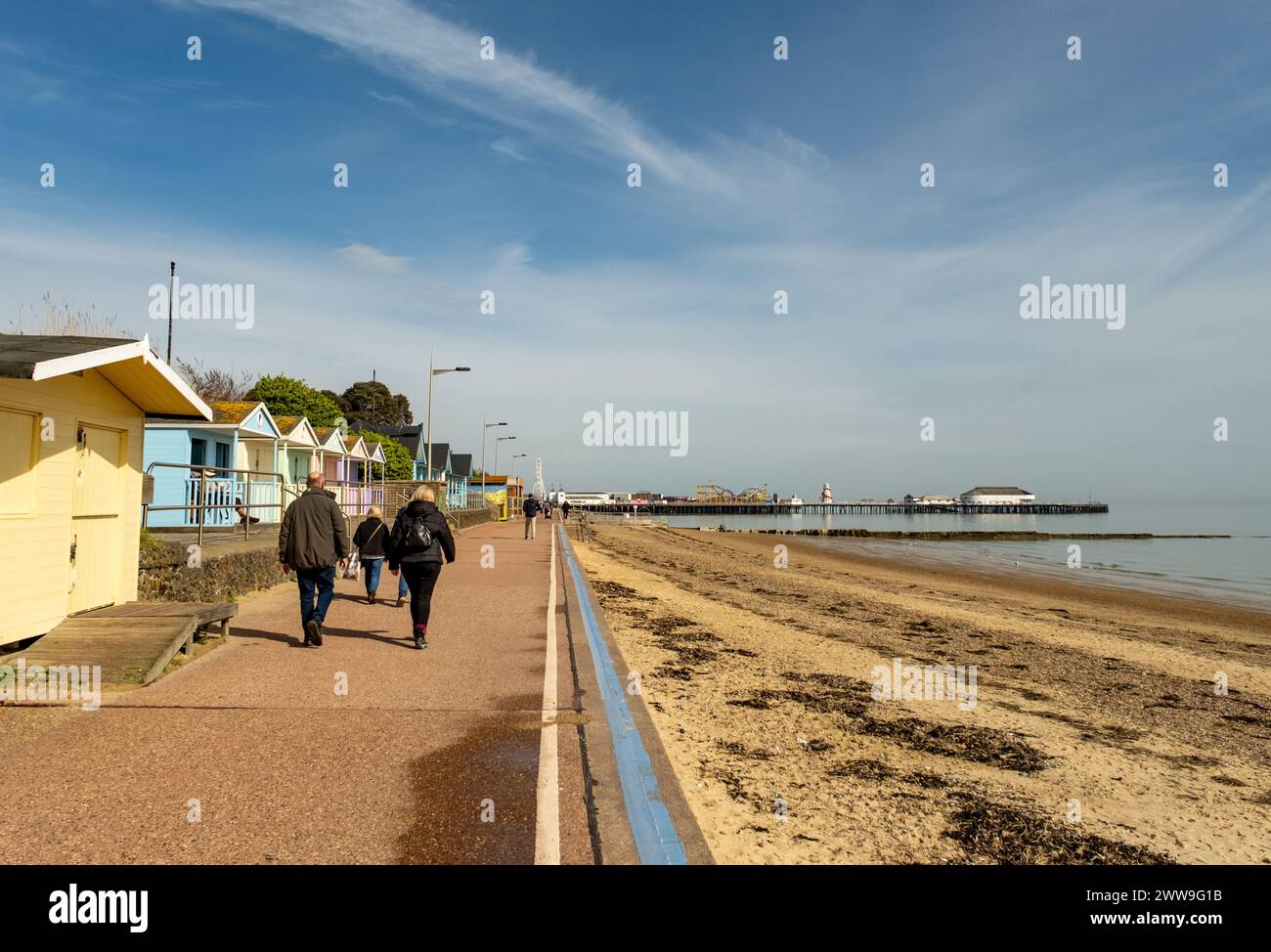 Clacton-on-Sea, Essex, UK – March 20 2024. View down the beach and ...