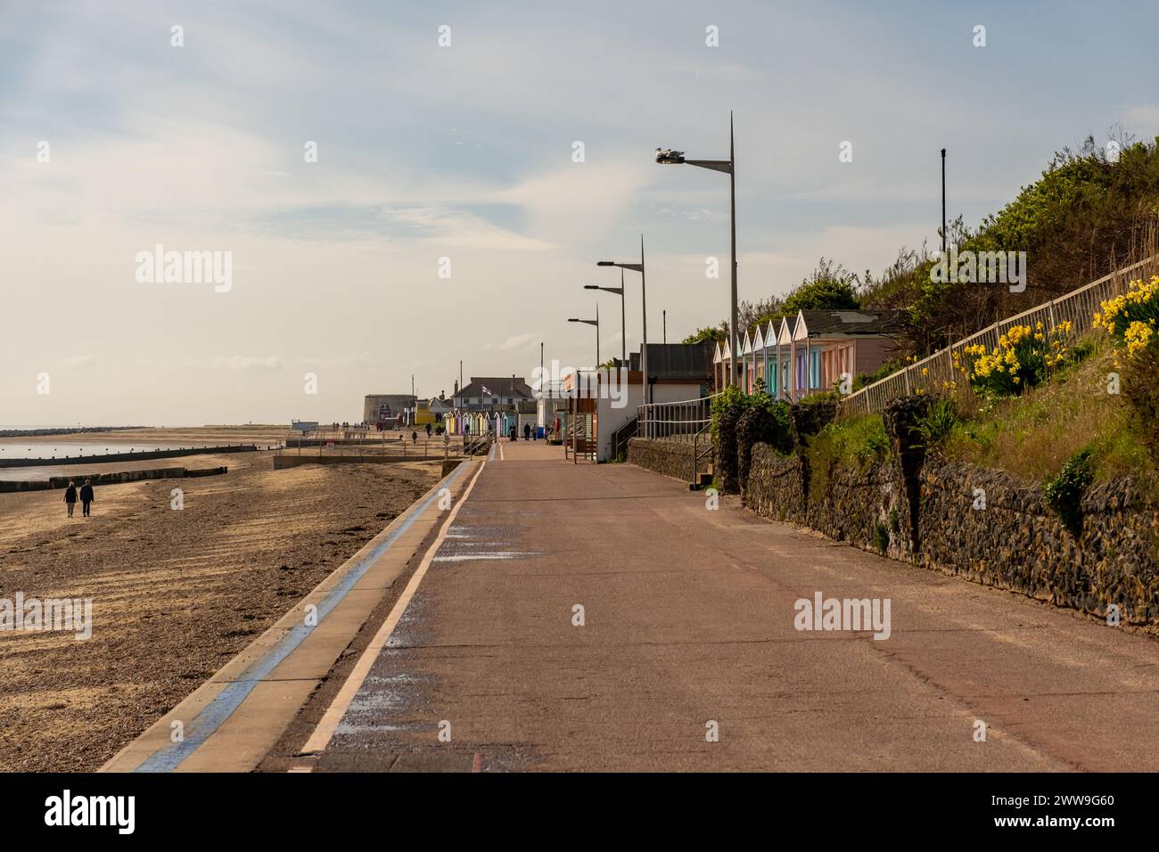 Clacton-on-Sea, Essex, UK – March 20 2024. View down the beach and ...