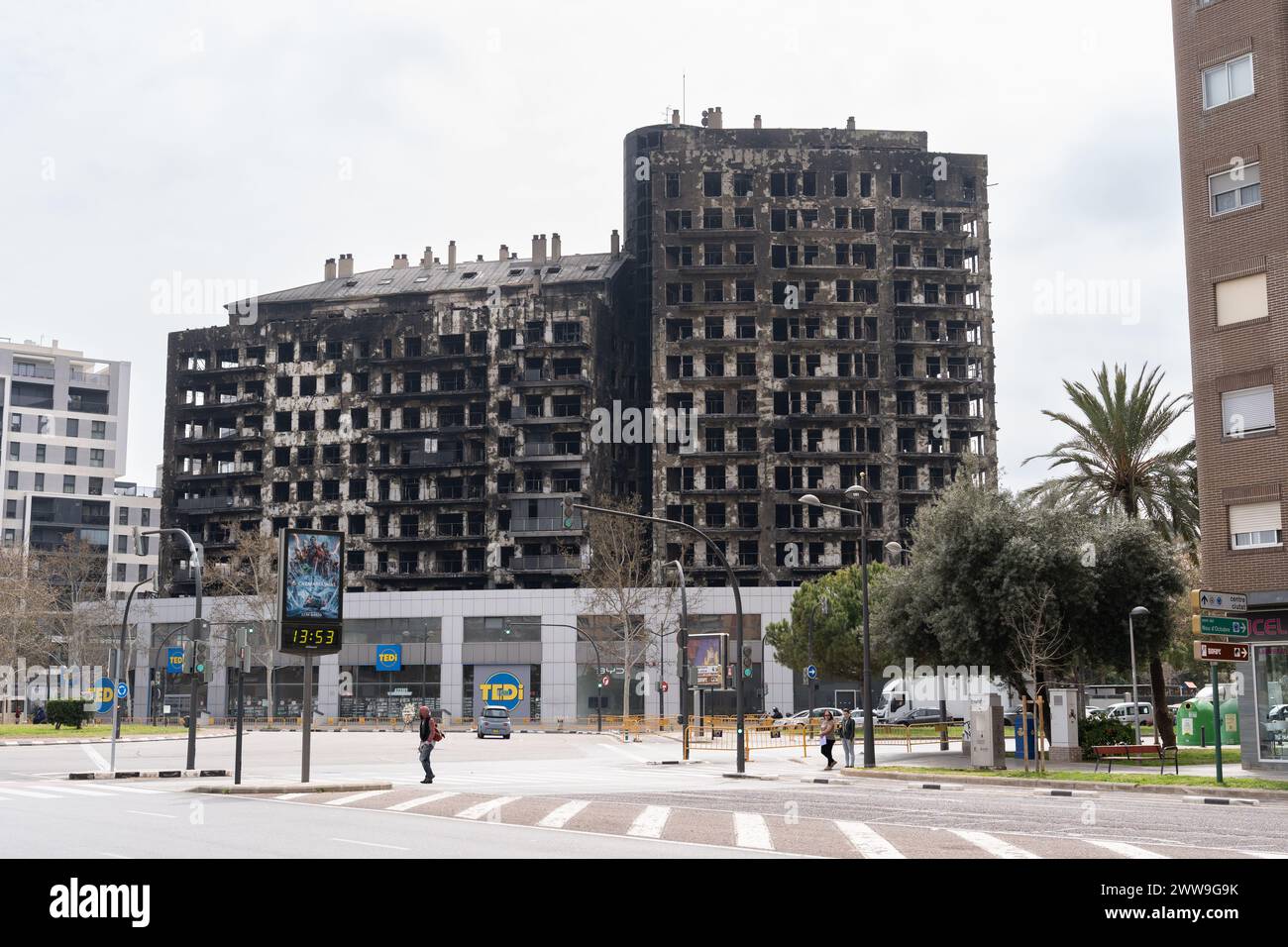 Valencia, Spain - March 20, 2024: Remains of the residential building ...