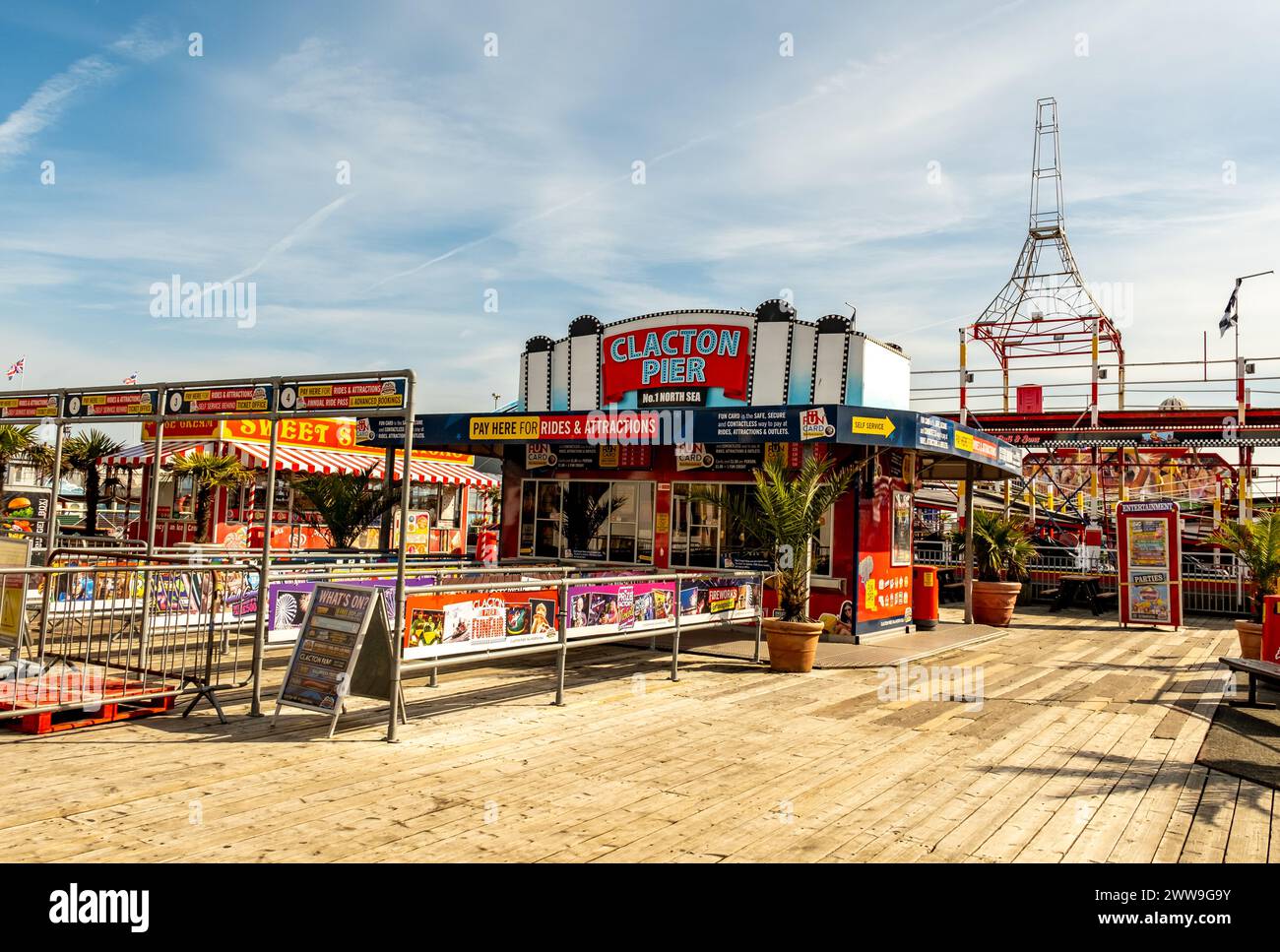 Clacton-on-Sea, Essex, UK – March 20 2024. Funfair rides and games on ...