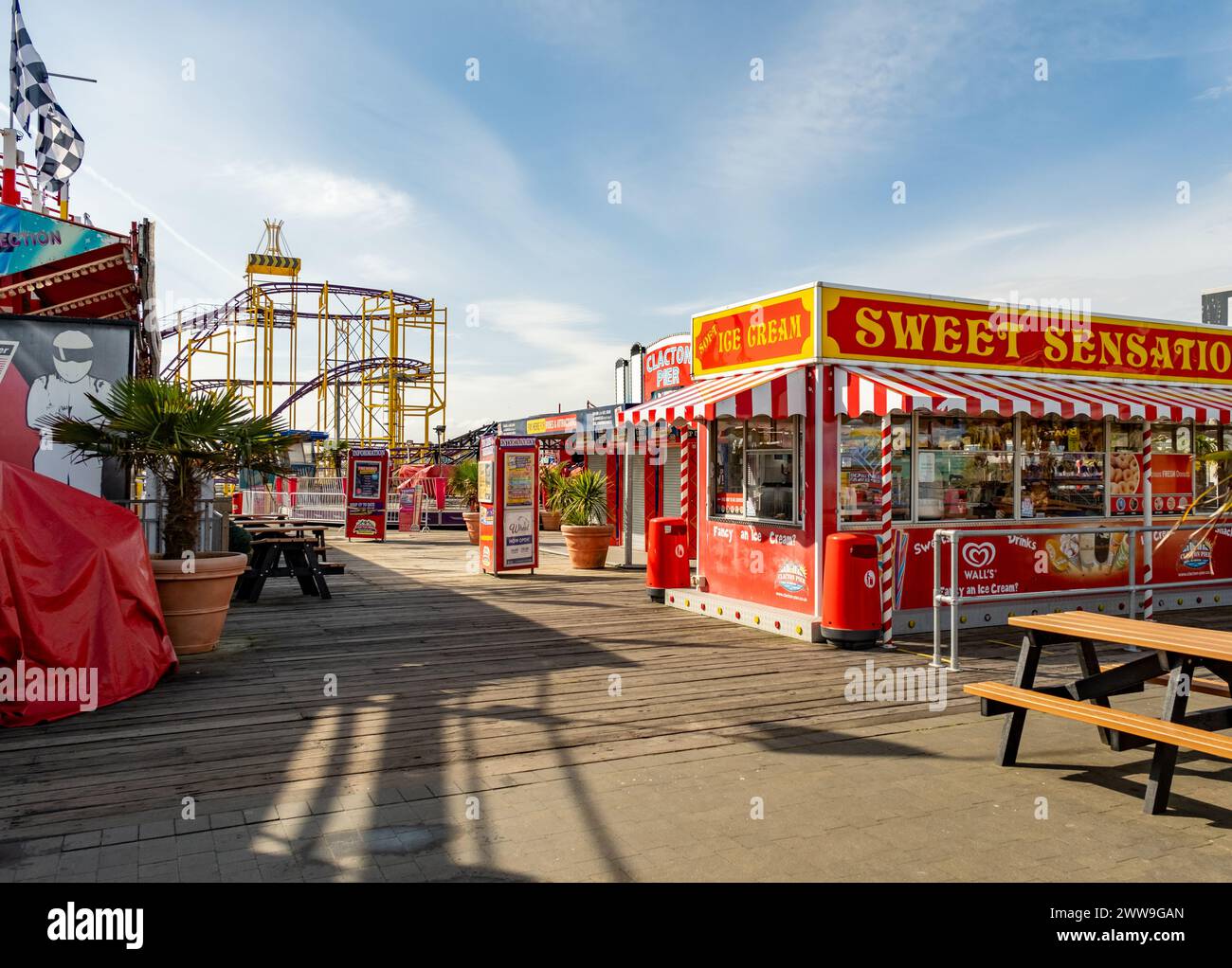 Clacton-on-Sea, Essex, UK – March 20 2024. Funfair rides and games on ...