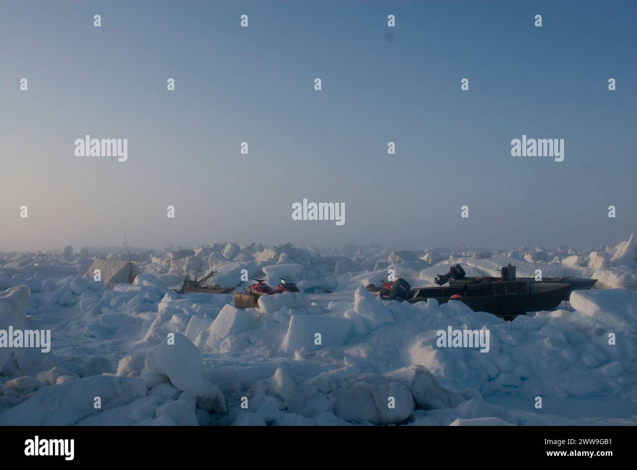 Hopson One spring whaling camp on a flat pan of ice over the frozen ...